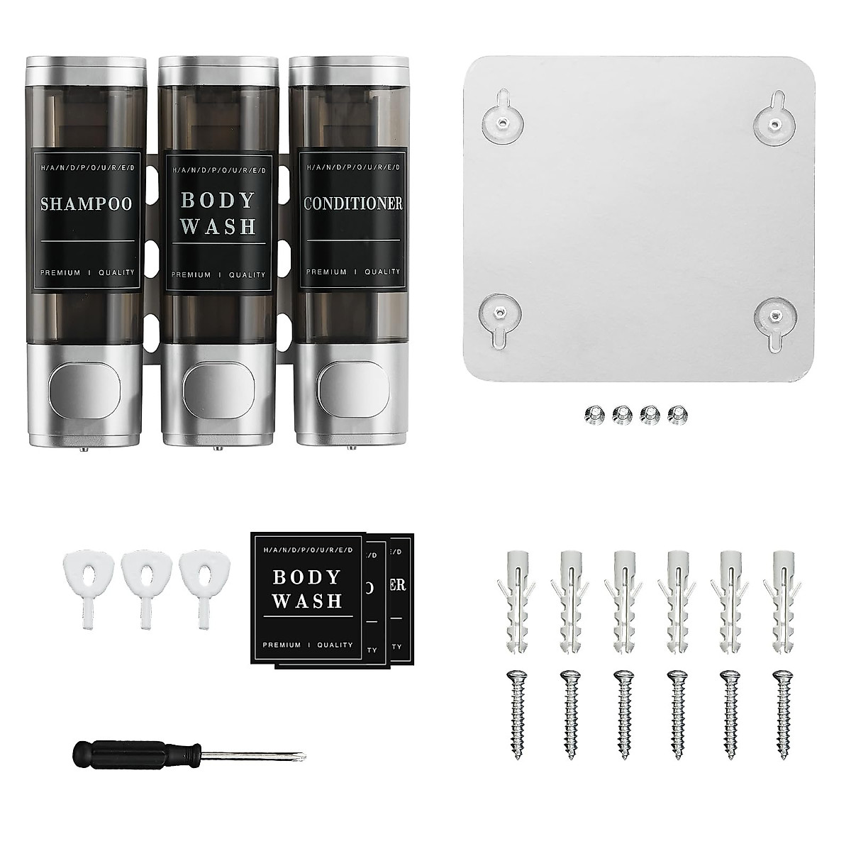 Shampoo and Conditioner Dispenser,Shower Dispenser 3 Chamber No Drill Wall-Mounted Shampoo Dispenser for Shower Wall Mounted Body Wash Dispenser for Bathroom Hotel Kitchen Large Capacity,Silver1