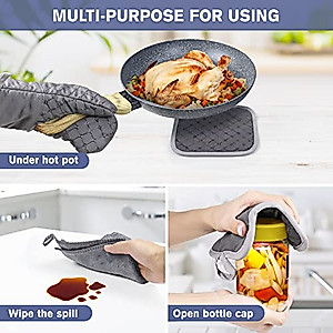 IXO 6Pcs Oven Mitts and Pot Holders, Oven Glove Heat Resistant 500℉ with Kitchen Towels Kitchen Mitts and Pot Holder Soft Cotton Lining and Non-Slip Silicone Surface for Baking, Cooking, BBQ(Grey)