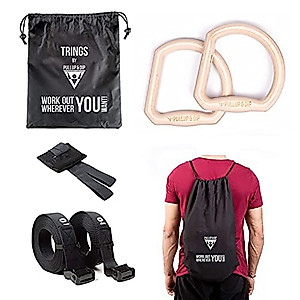 PULLUP & DIP Premium Gymnastic Rings, Wooden Gym Rings for Calisthenics - Wide Straps with Length Markings + Door Anchor + Carry Bag + Exercise Guide, Calisthenics Rings (Trings Set)