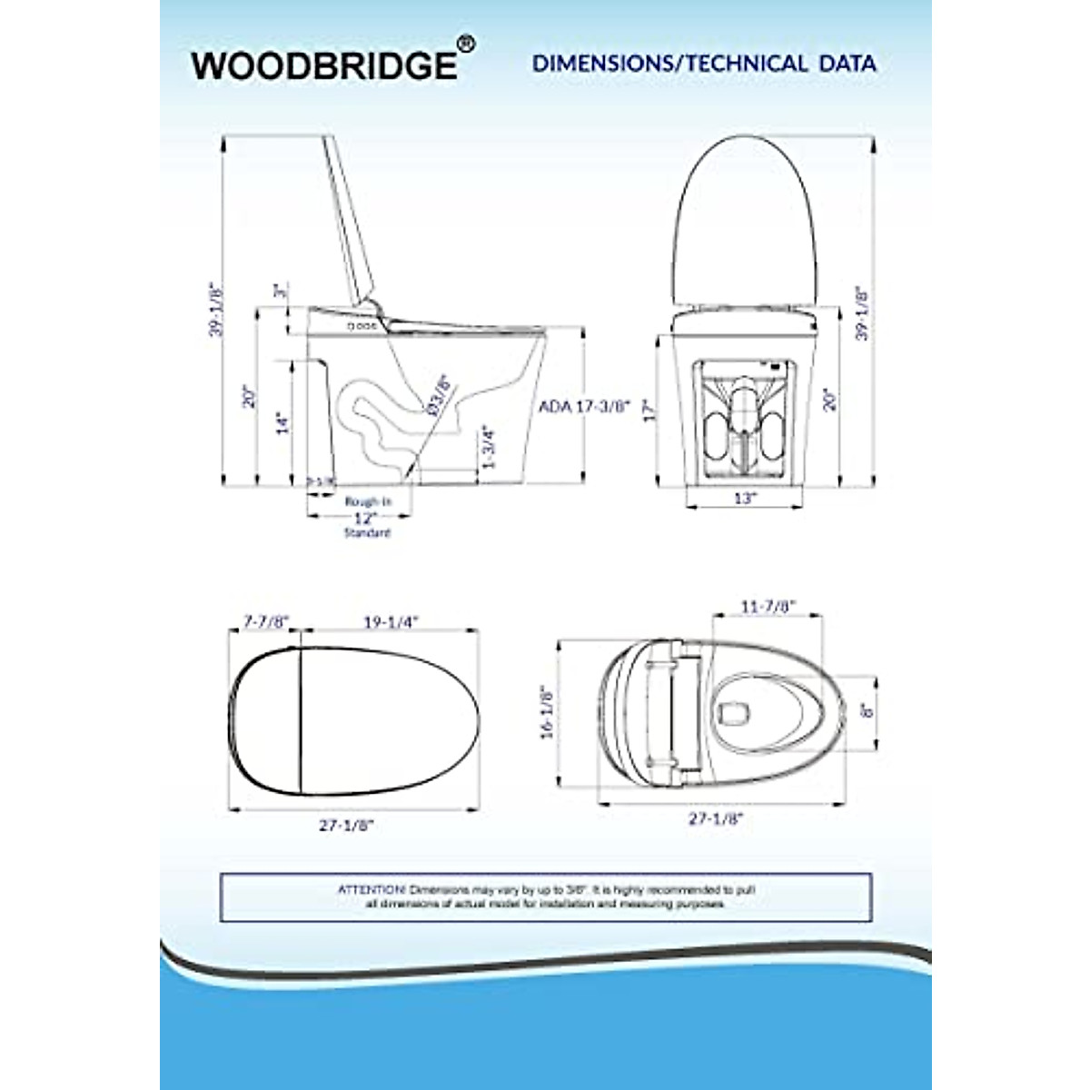 WOODBRIDGE B0970S Smart Bidet Tankless Toilet Elongated One Piece Chair Height, Auto Flush, Foot Sensor Operation, Heated Seat with Integrated Multi Function Remote Control in White