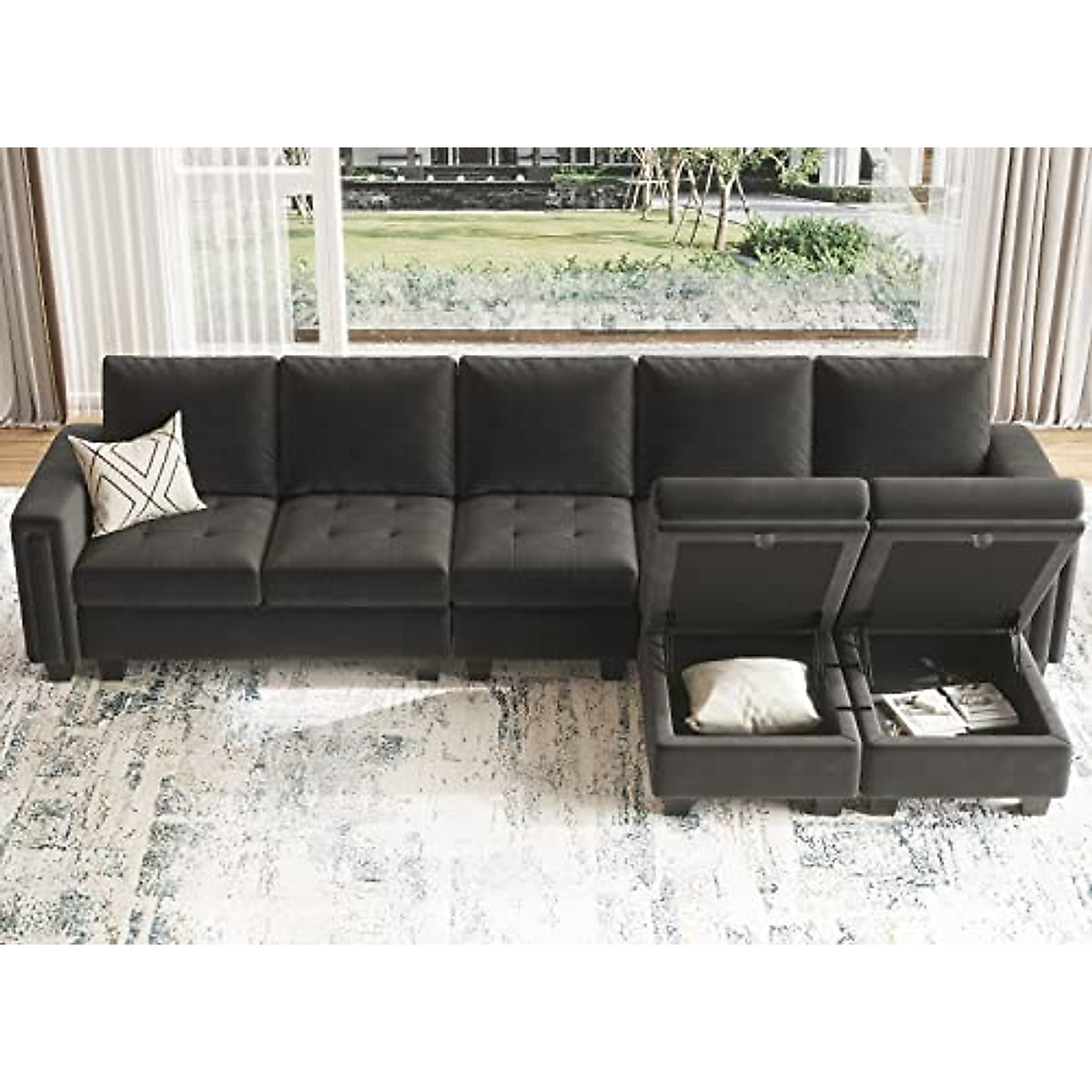 Belffin Large Velvet L Shaped Sectional Sofa Couch with Reversible Double Chaises Modular Sectional Sofa Couch with Storage Ottomans Convertible Sectional Sofa Grey