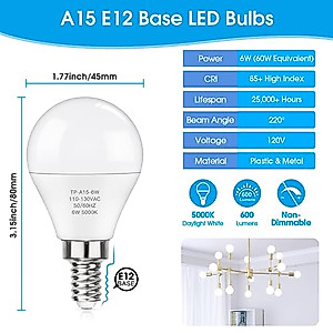 MAXvolador E12 LED Bulbs 60W Equivalent, Daylight White 5000K Ceiling Fan Light Bulbs, 600LM CRI 85+ Small Base LED Candelabra Bulbs, 6W A15 LED Bulb, Non-Dimmable, Pack of 6