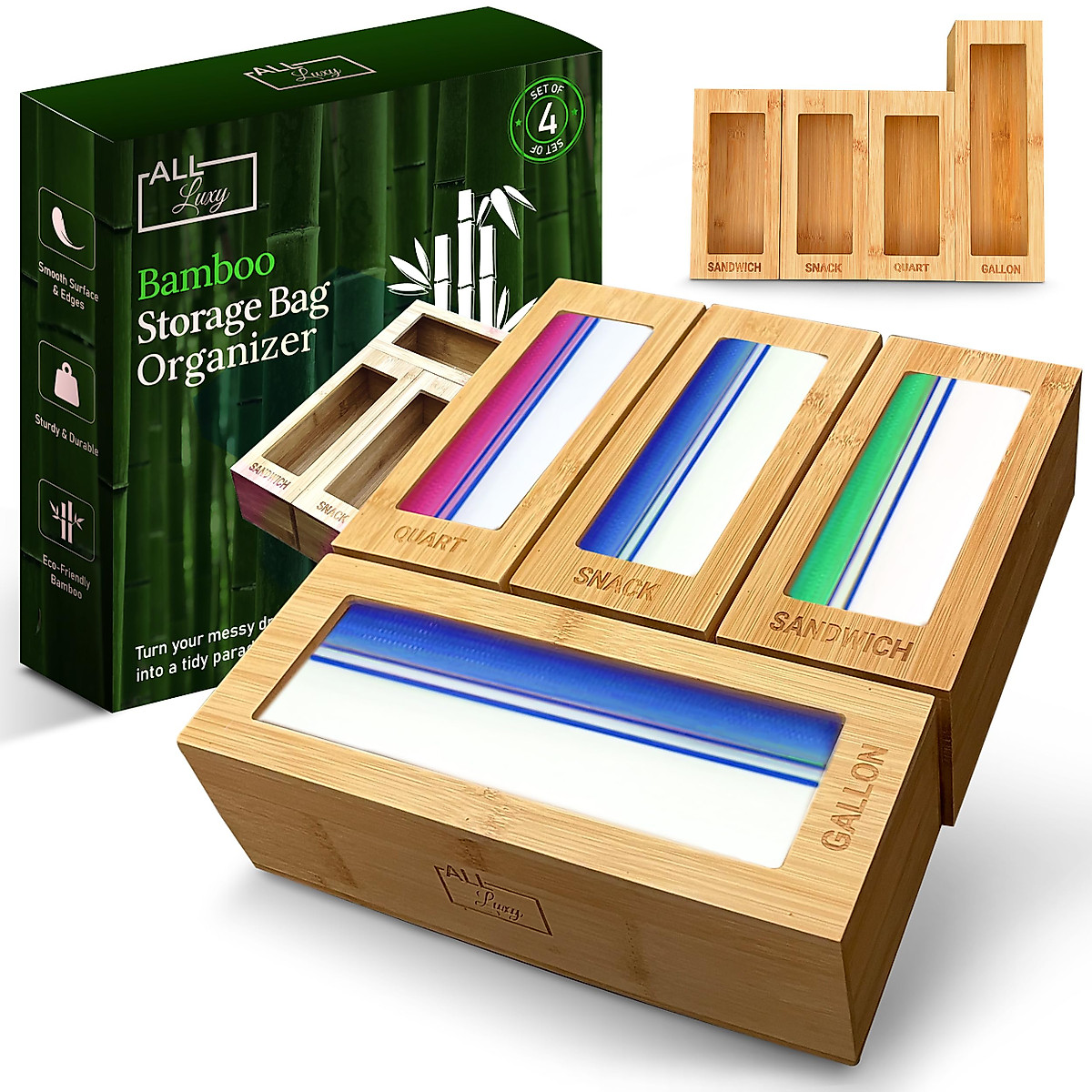 All Luxy Ziplock Bag Organizer - Bamboo Ziplock Bag Storage Organizer - Tidy Up Your Kitchen Drawers With The Sandwich Bag Holder