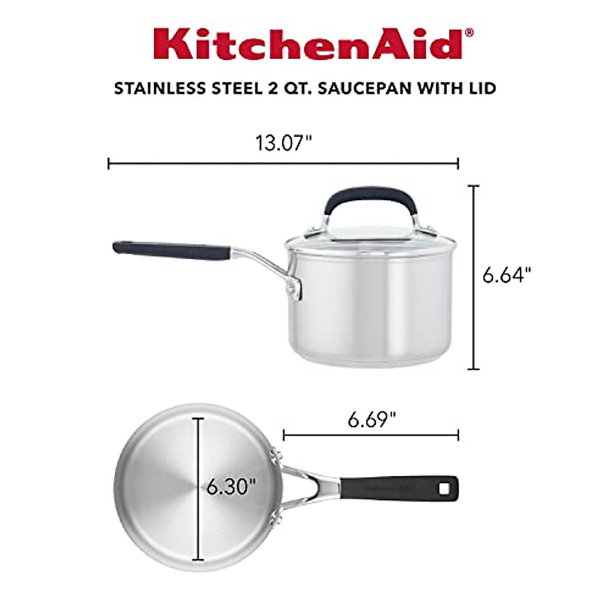 KitchenAid Stainless Steel Saucepan with Measuring Marks and Lid, 2 Quart, Brushed Stainless Steel
