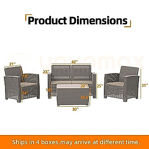 yoyomax 4 Pieces Furniture Clearance, Modern Outdoor Cushion, All Weather Patio Conversation Sofa Set w/ 3 Chairs, Coffee Table-Ideal for Garden, Poolside, 4PCS, Black with Gray