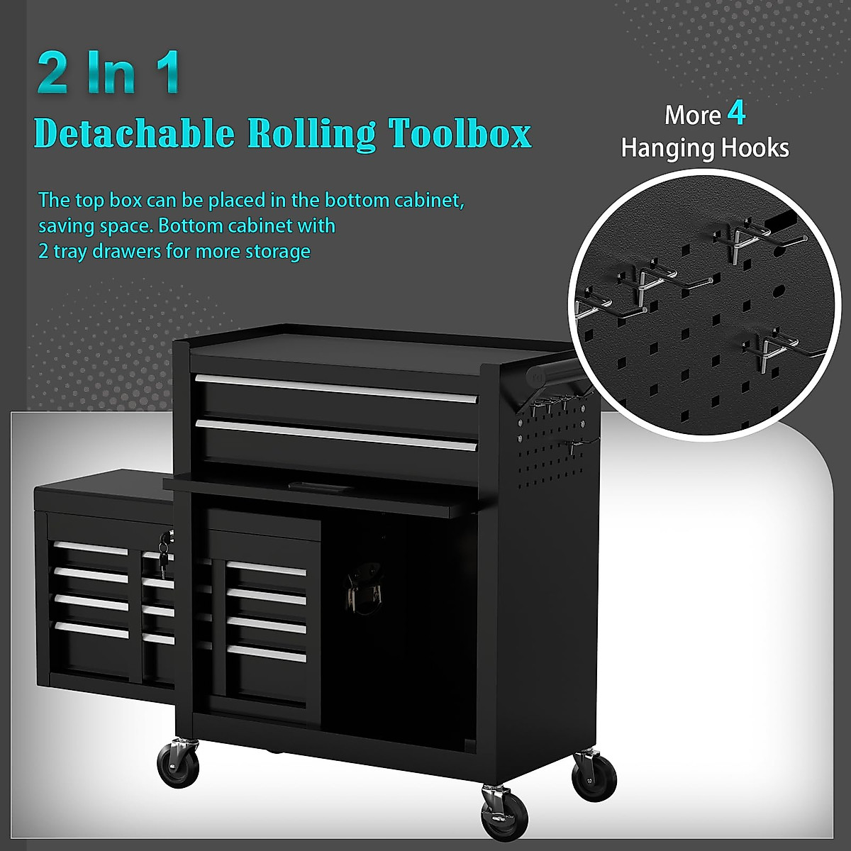Yenntrss 8-Drawer Rolling Tool Chest & Removable with Wheels,Large Tool Storage Cabinet with Drawers for Garage,Toolbox Organizer with Lock for Mechanics,Warehouse,Worlshop (Black)