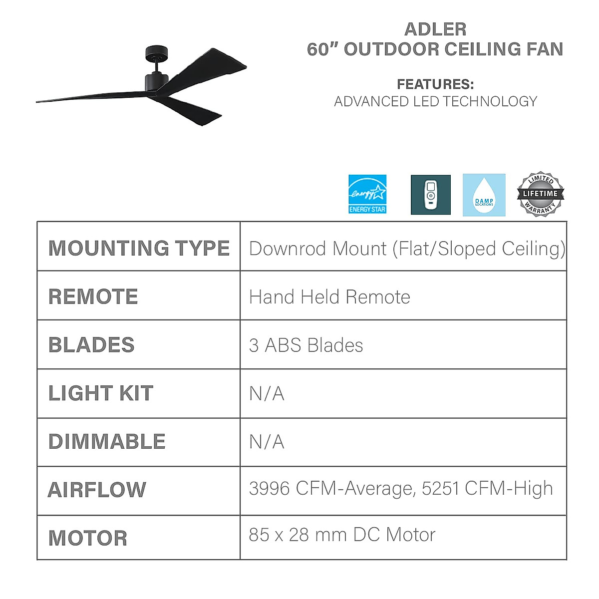 Monte Carlo 3ADR60BKBK Adler 60" Ceiling Fan with Remote Control, 3 ABS Blades, Matte Black