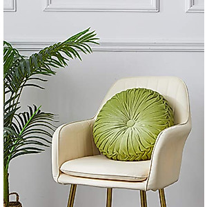 Cassiel Home Velvet Round Throw Pillow Green Summer Pleated Plush Pillow on Couch Pintuck Decorative Floor Cushion for Living Room Bedroom 14.5 inches