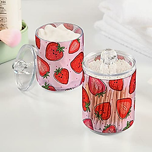 Clear Plastic Jar Set for Cotton Ball, Cotton Swab, Cotton Round Pads, Floss, Kawaii Fruits Cute Strawberry Bathroom Canisters Storage Organizer, Vanity Makeup Organizer,2Pack