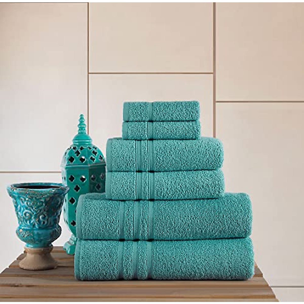 Hammam Linen 6-Piece Teal Turquoise Bath Towels Set for Bathroom Original Turkish Cotton Soft, Absorbent and Premium 2 Bath Towels, 2 Hand Towels, 2 Washcloths