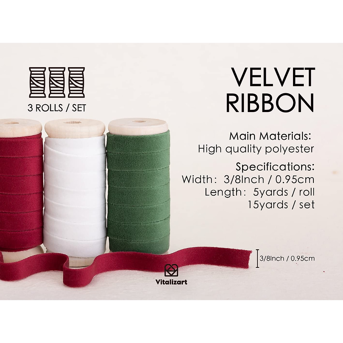 Vitalizart Christmas Velvet Ribbon Set 3/8" x 15Yd Wooden Spool Fabric Trim Eco-Friendly 3 Rolls * 5Yd for Christmas Wreath Decoration Handmade Craft Ornaments Gift Wrapping & Bow Making