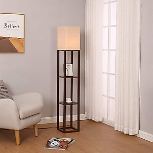 HomeFocus - Floor Lamp,Shelf Floor Lamp with LED Bulb,Corner Display Floor Lamp for Living Room,Bedroom and Office,Linen White Shade,Wood,Brown.