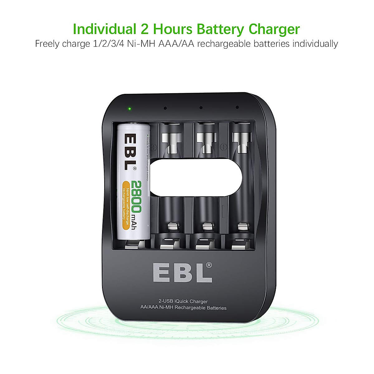 EBL Smart AA AAA NiMH Rechargeable Battery Charger - 2A USB Charging Port 2 Hour Quick Charger