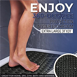 ENKOSI Extra Large Square Non Slip Shower Mat | 31 x 31-inch XL Shower Mats for Showers Anti Slip - Square Shower Stall Mat for Bathroom Shower Floors | Secure Suction Cups and Drain Holes (Grey)