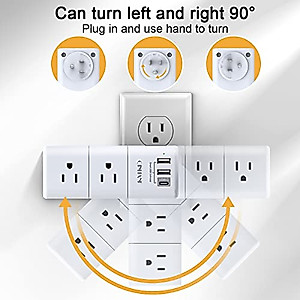 USB Outlet Extender Surge Protector - QINLIANF Multi Plug Outlet with Rotating Plug, 3-Sided Swivel Power Strip with 6 AC Spaced Outlet Splitter and 3 USB Ports (1 USB C) for Travel, Home, Office,ETL
