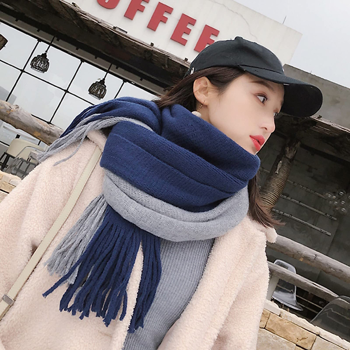 Women Winter Warm Scarf Tassel Soft Wrap Winter Thermal Long Shawl (Blue, One Size)