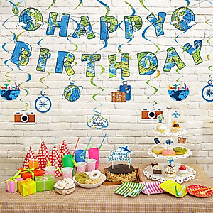 Zonon 38 Pieces Travel Theme Birthday Party Decorations The Place You'll Go Birthday Banner Let The Adventure Begin Hanging Swirls Bon Voyage Cake Toppers for Birthday Baby Shower Party Supplies