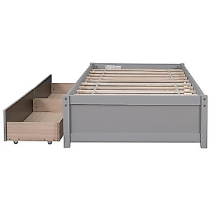Twin Size Bed Frame with 2 Storage Drawers,Twin Kids Bed,Solid Wood Platform Bed Twin for Kids, Teens, Adults, Grey