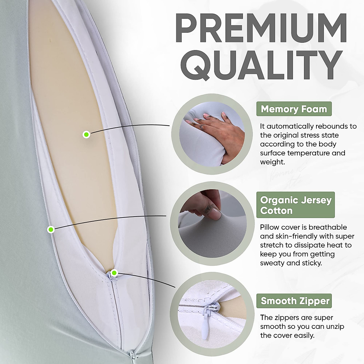 LILLY LA VIE Memory Foam Pregnancy Pillows for Sleeping, Side Sleeper Body Pillow - GOTS Certified 100% Organic Cotton Cover, Wedge Pillow - Support Back, Hips, Legs, Belly - Pregnancy Must Haves (Aqua Haze)