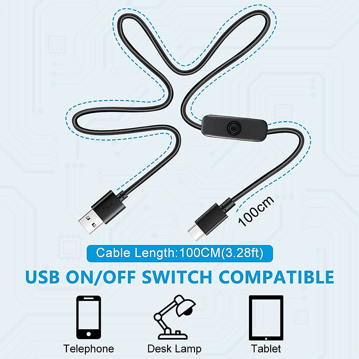 ELECTOP USB Charging Switch Cable, USB A to USB C,USB Type C Fast Charge Cable with ON/Off Switch,Compatible with Raspberry Pi 4 B, USB Desk Lamp/Fan, LED Strip String, Easy Start/Reboot(2 Pack)