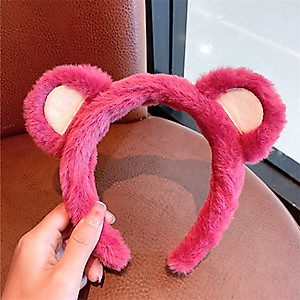 Wittocs Rose Red Bear Ears Headband Plush Bear Ear Headwears for Women Girls Makeup Headband Cute Fashion Fluffy Soft Face Washing Headbands New Year Christmas Valentines Day Hair Hoop