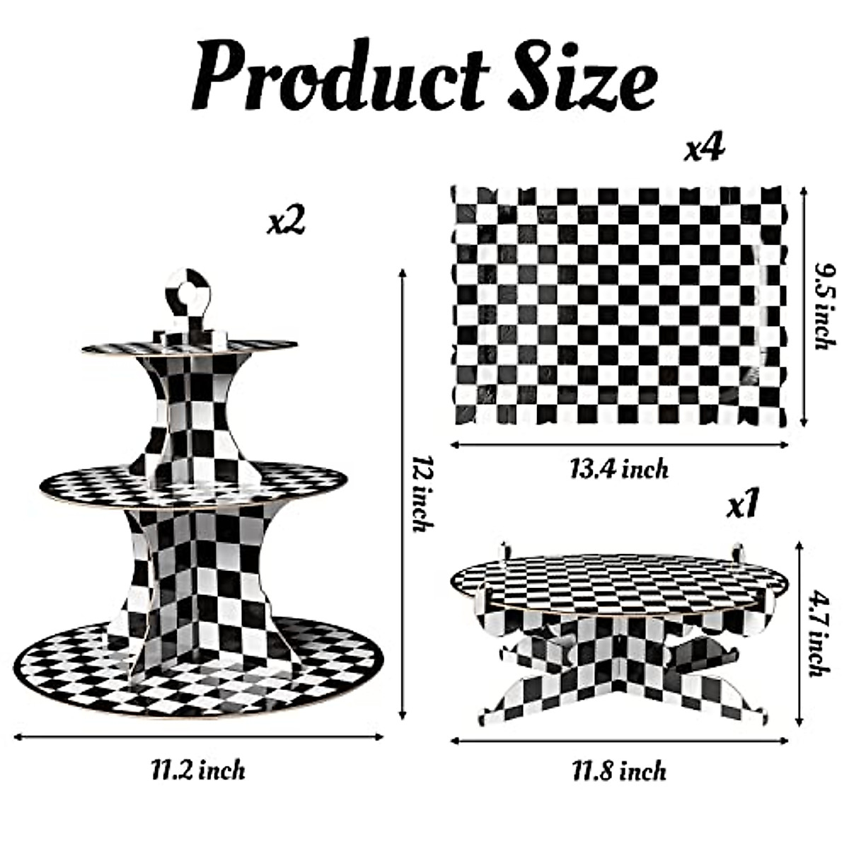 Haooryx 7Pcs Checkered Cupcake Stand Set, 2 Black White Checkered 3-Tier Cupcake Tower Cardboard Dessert Holder 1 Round Cake Stand Platters 4 Rectangle Serving Tray for Theme Birthday Party Supplies
