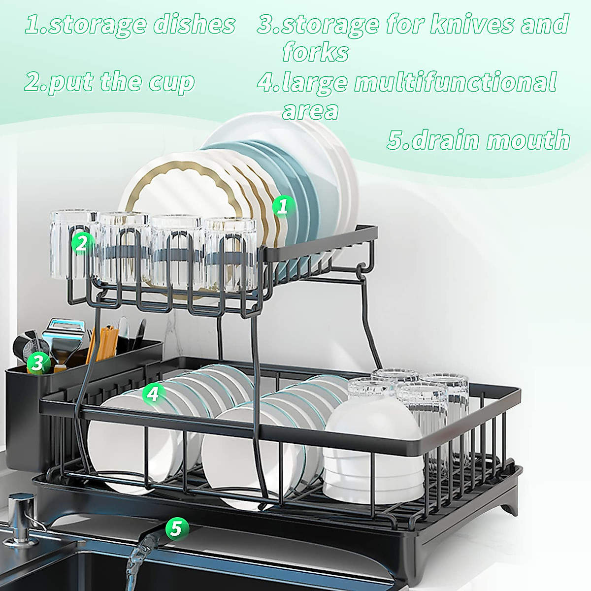 HNK Trend Dish Drying Rack, 2 Tier Stainless Steel Dish Rack with Drainboard, Dish Drainers for Kitchen Counter with Utensil Holder, Large Dishes Drying Rack Dish Drainer Organizer