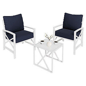 SUNLEI Patio Furniture 3-Piece Conversation Set, Small Outdoor Furniture with Deep Cushion Loveseat Sofa and Matching Side Coffee Table, Outside Metal Sofa Set for Balcony, Yard, White & Blue