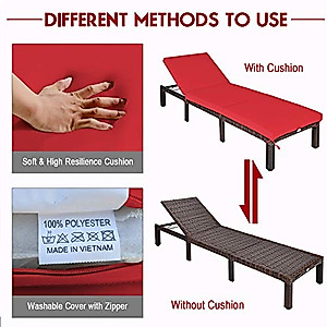 Nightcore Rattan Lounge Chair, Outdoor Wicker Lounge Chair Cushion with Thick Zipper Pad, Patio Recliner Chair with Adjustable Backrest, Chaise Lounge Recliner for Garden Patio Yard, Red (1)