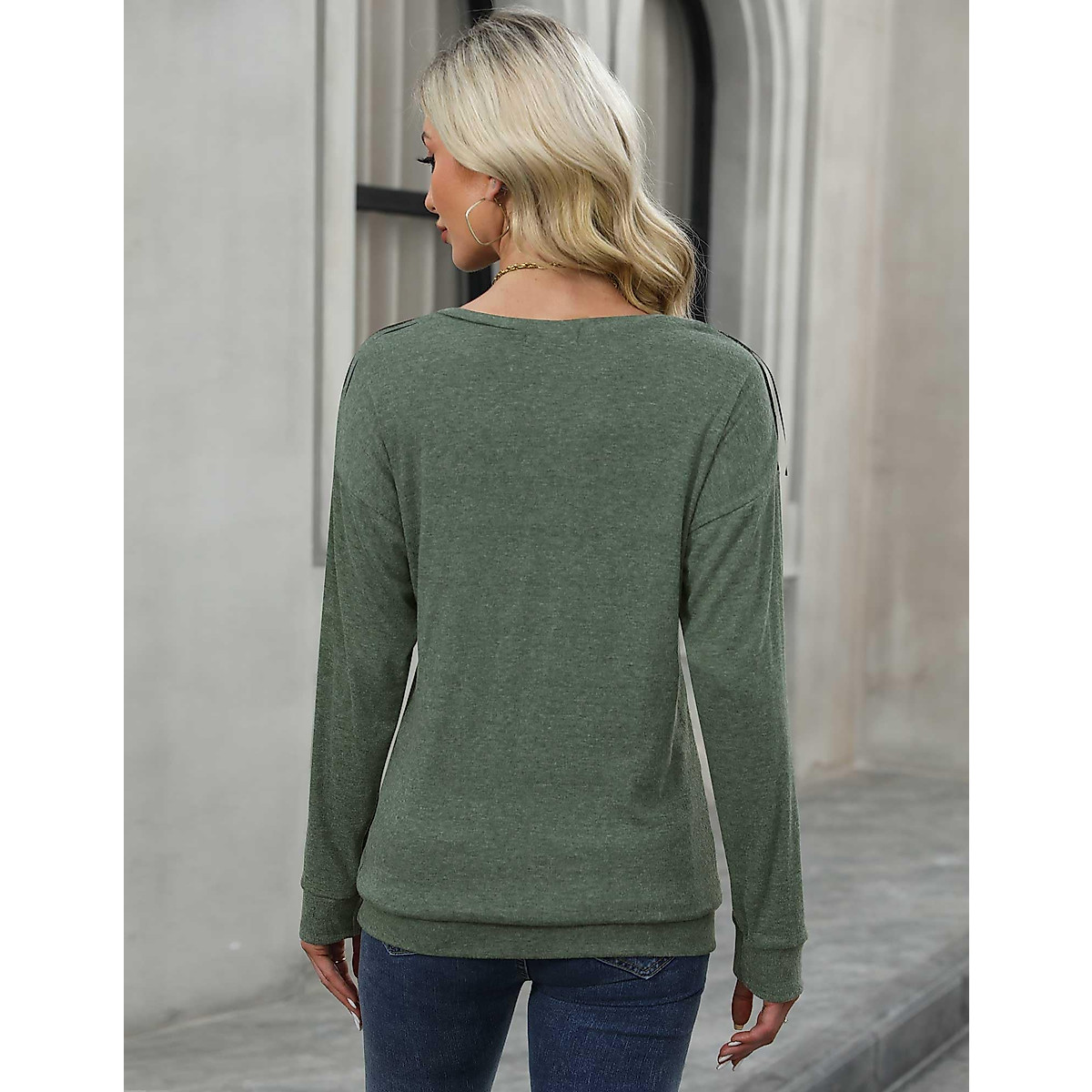 For G and PL Womens Casual Dressy Cotton Lace Trim Sweatshirt Fall Loose Fit Long Sleeve V Neck Top Sweater Forest Green L