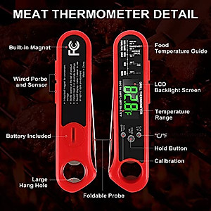 3 in 1 Digital Meat Thermometer, Instant Read Food Thermometer with 2 Detachable Wired Probe, Calibration, Alarm Function, LCD Backlight for Grilling, Cooking, BBQ, Kitchen