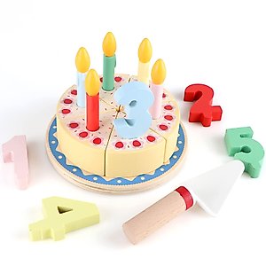 Steventoys Wooden Cutting Birthday Cake Toys,Birthday Fake Cake Toy with Candles and Numbers, Pretend Play Food Set ,Montessori Tea Party Toys Learning Kitchen Toys for Boys Girls 1-6 Years