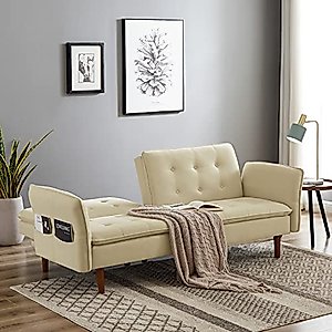 Ucloveria Futon Sofa Bed, Linen Fabric Memory Foam Sleeper Sofa Couch, Modern Convertible Loveseat for Compact Living Spaces, Studio, Apartment, Dorm, Guest Room, Home Office, 67" Beige