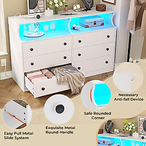 Hasuit 6 Drawer Dresser with LED Lights and Charging Station, Wide Chest of 6 Drawers with Open Space, Modern Large Capacity Storage Cabinet, White Dresser for Bedroom, Living Room, Hallway