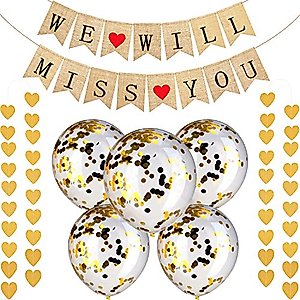 We Will Miss You Banner Burlap Bunting Banner Garland Flags Gold Confetti Balloons for Valentine's Day Wedding Party Going Away Party Office Work Party Farewell Party Decorations Supplies