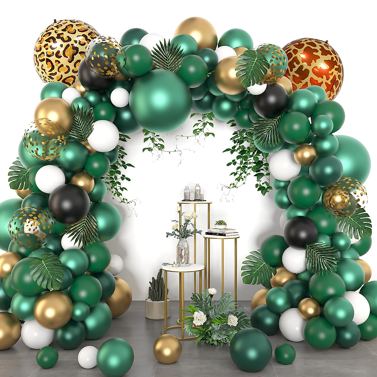 150Pcs Jungle Safari Green Balloons Garland Arch Kit, Emerald Dark Green Gold Animal Foil Balloon Tropical Palm Leaves for Safari Baby Shower Birthday Decorations for Boys Wild One Party Supplies