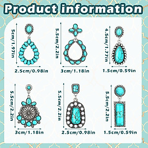 BBTO 6 Pairs Turquoise Oval Earrings Turquoise Bohemian Dangle Boho Cowboy Leather Vintage Earrings Leather Wood Teardrop Earrings Aztec Pattern Turquoise Earrings for Halloween Women(Classic)