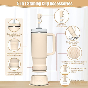 NESSUS 5Pcs Stanley Cup Accessories, Silicone Boot Sleeve with Bottom Holder Protector, Straw Cover, Dual Protective Ring and Sticker, Compatible with Stanley Quencher 40oz 30oz(Tumbler Not Included)