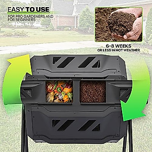 Magshion 43 Gal Chamber Compost Tumbler Outdoor Tumbling Composting Bins High Volume Garden Composter w/Dual Chamber Sliding Doors for Gardening, Black Sliding Doors