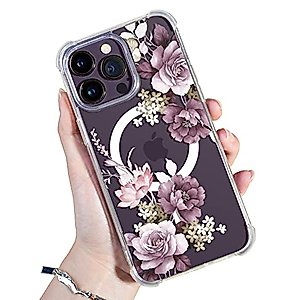 GVIEWIN for iPhone 14 ProMax Case Compatible with MagSafe, [Screen Protector + Camera Lens Protector] [MIL-Grade Protection] Magnetic Floral Clear Shockproof Women Phone Case for 14 Pro Max(Purple)