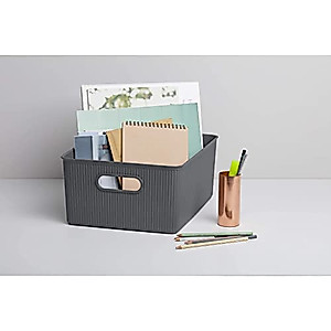 Superio Ribbed Plastic Storage Basket Organizer, Mist Blue and Grey, 15 Liter- Stackable Classic Closet Storage Bin for Shelf, Desk, Pantry- Store Toys, Clothes, Cosmetics,