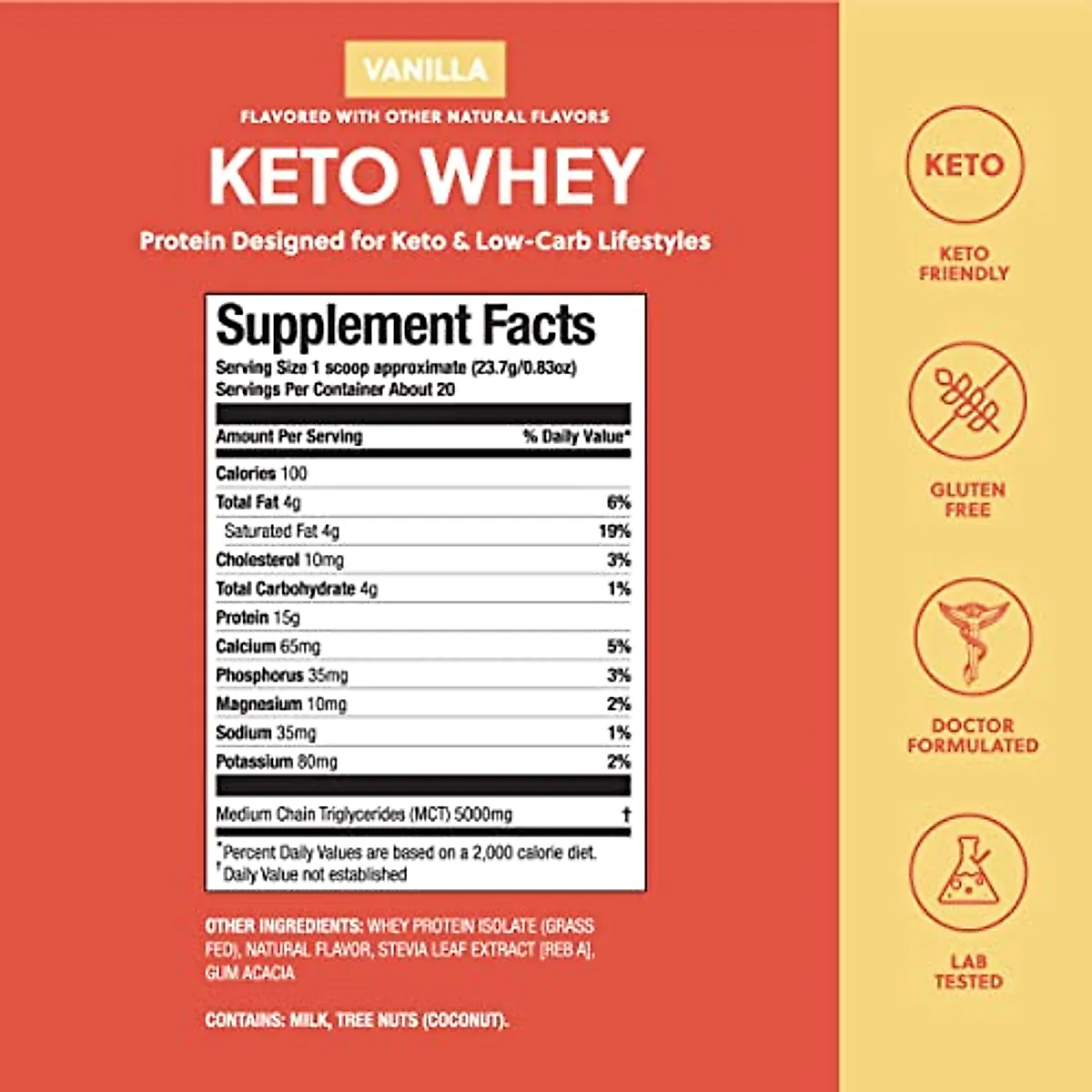 Perfect Keto Pure Whey Protein Isolate Powder - 100% Grass Fed Meal Replacement Shake, No Artificials, Gluten Free, Non-GMO (Vanilla)