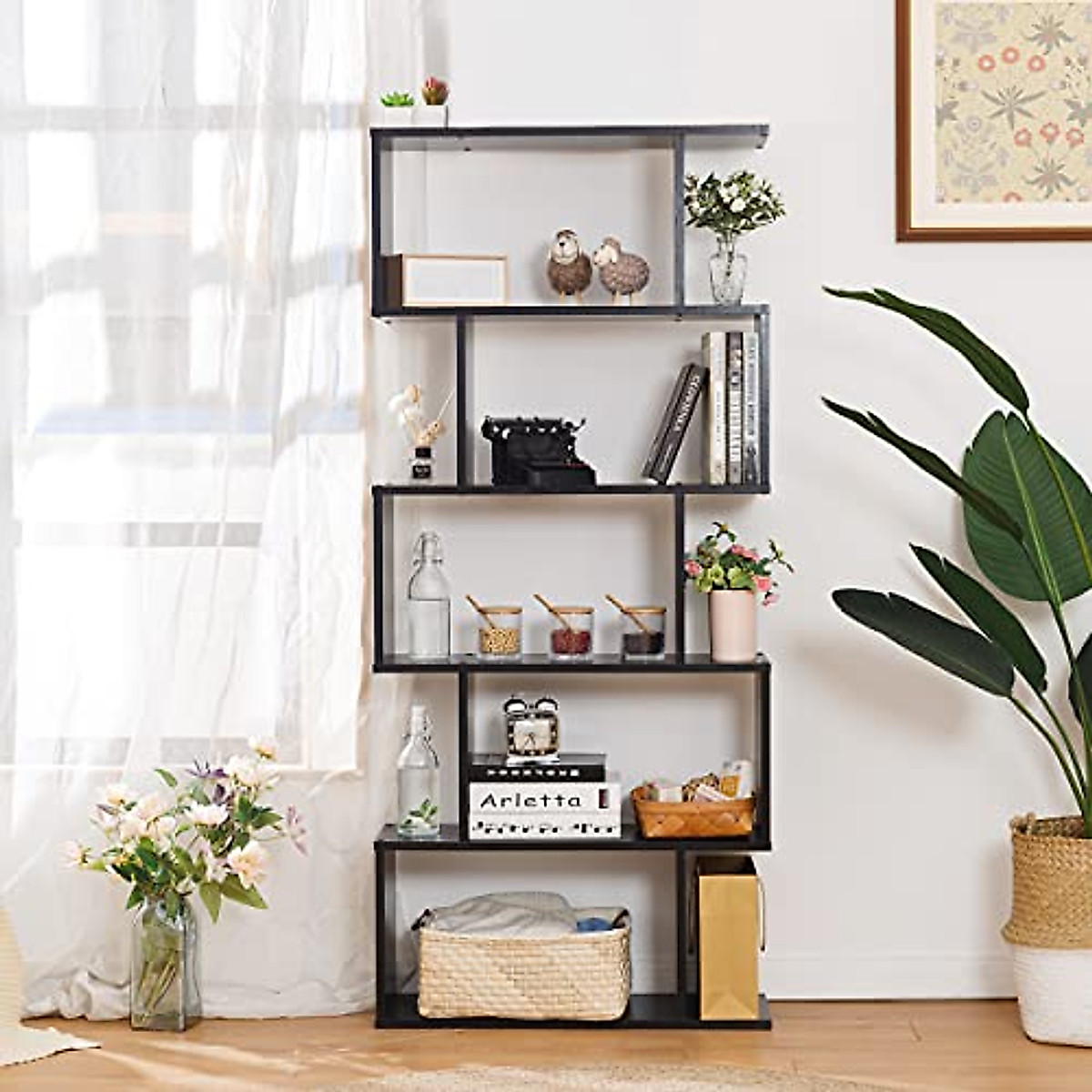 TinyTimes 5-Tier Wooden Bookcase, S-Shape Display Shelf and Room Divider, Freestanding Decorative Storage Shelving, 63'' Tall Bookshelf -Black