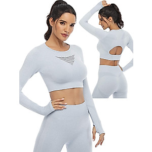 JOLLMONO Workout Sets for Women 2 Piece Yoga Gym Outfits Seamless Ribbed Leggings with Long Sleeve Tops(8003S-Ice grey)