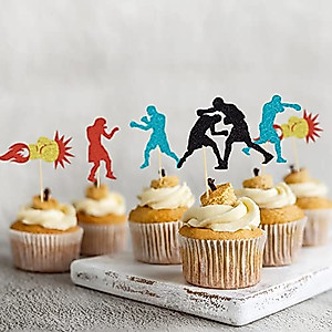 Gyufise 25 Pack Boxing Player Cupcake Toppers Black Red Blue Glitter Boxing Gloves Boxer Cupcake Picks Boxer Gym Theme Baby Shower Birthday Party Cake Decorations Supplies