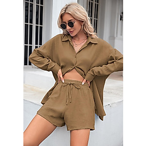 Fixmatti Two Piece Summer Sets for Women Button Down Long Sleeve Shirt with Shorts Casual Matching Set Streetwear Brown XL