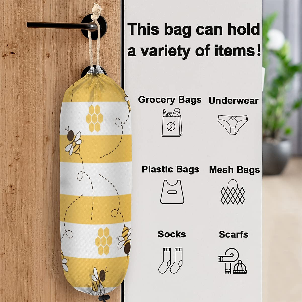 Cute Bee Plastic Bag Holder, Honeybee Honeycomb Grocery Bag Storage Holder Garbage Shopping Bag Trash Bags Organizer for Kitchen Home
