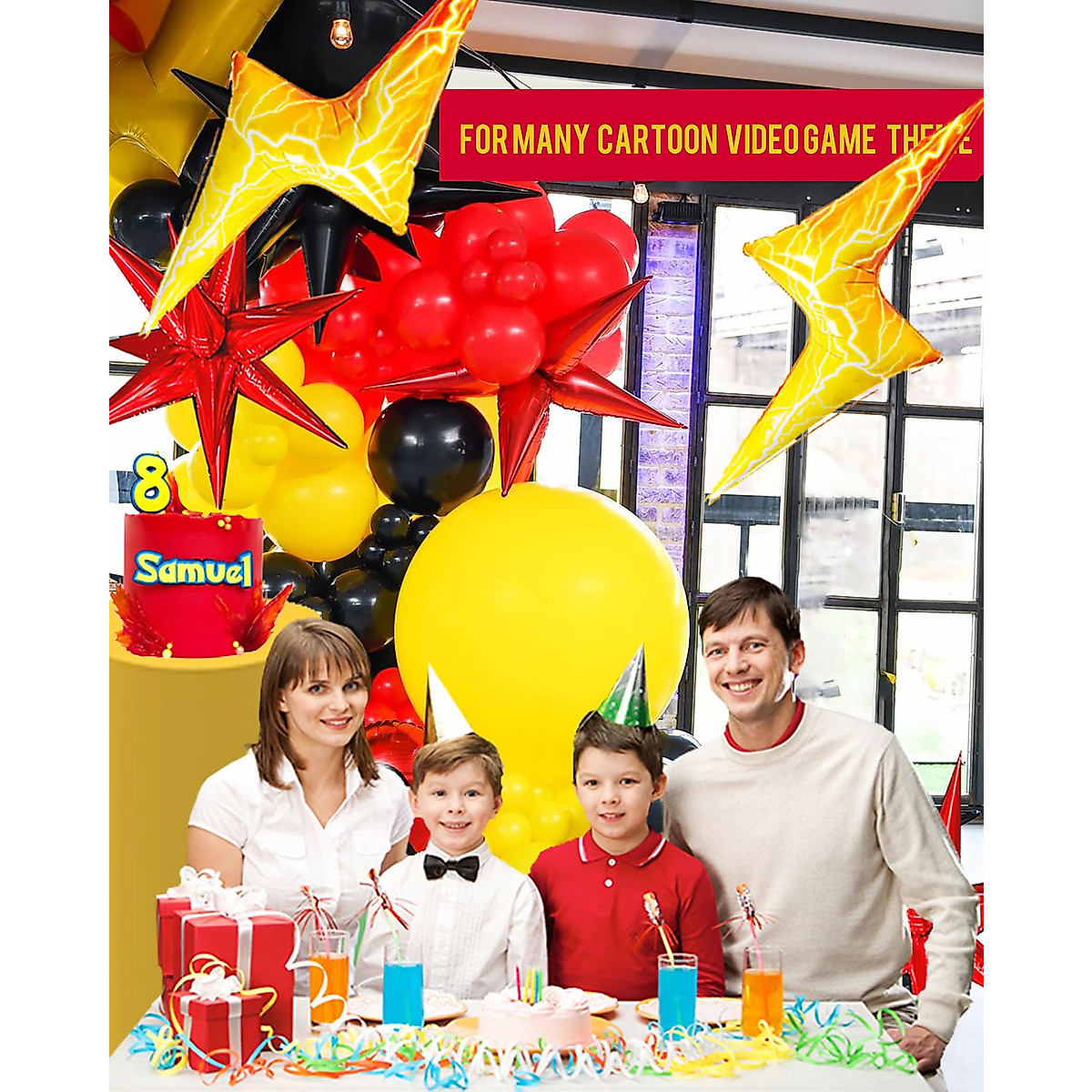 Red black yellow balloon garland kit 124pcs with large lightining Starburst mylar balloons for Carnival Cartoon theme Race Car Party Theme birthday decorations