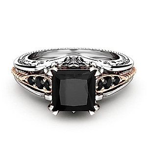 SSZUKOOU Vintage 925 Sterling Silver Black Gem Ring Cocktail Rings Square Cut Black Onyx Marcasite Cubic Anniversary Promise Ring CZ Eternity Engagement Wedding Band Ring Valentine Gift (US 8)
