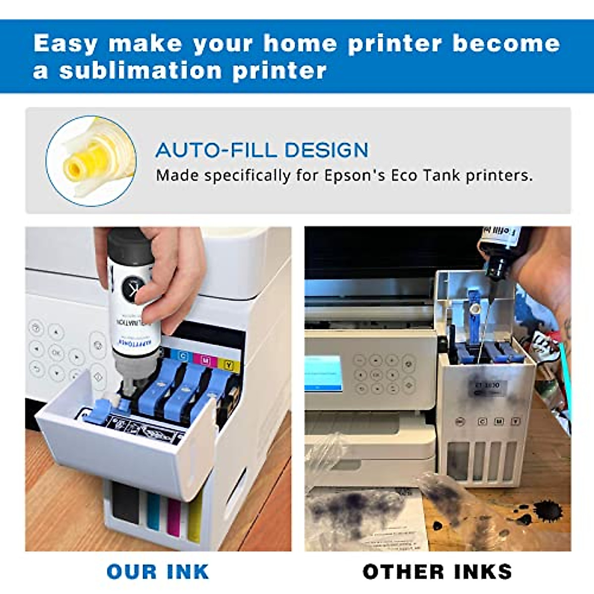 HAPPYTONER Free Syringe Sublimation Ink for Epson 2803 et 2800 2720 2850 4800 2760 5800 15000 ST-2000 Ecotank Printers Auto-Fill/Anti-UV